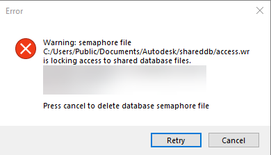 Error: "Warning: semaphore file is locking access to shared database files" when launching ...