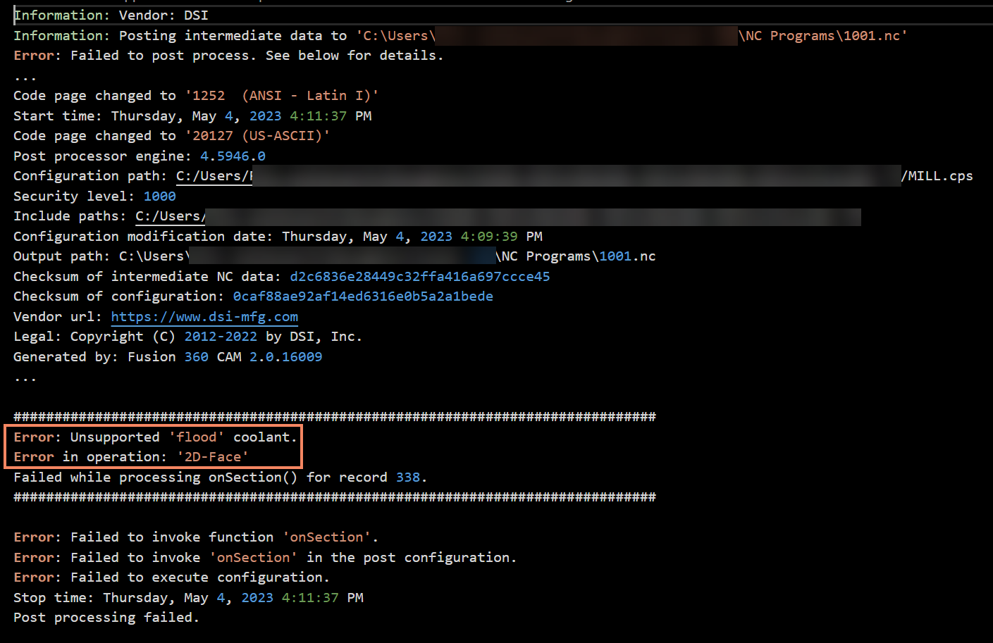 Error: "Unsupported '_______' coolant" when writing code in Fusion 360
